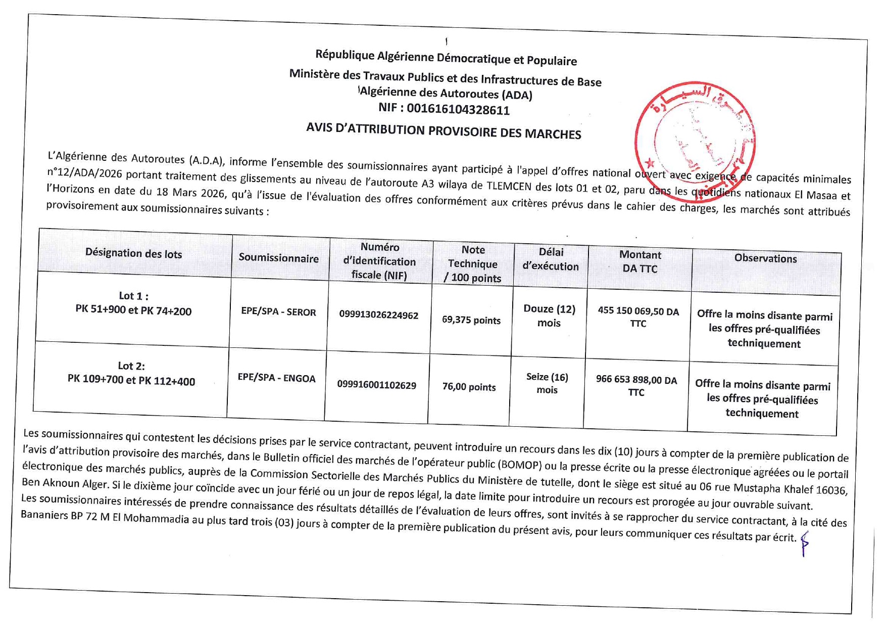 Avis d’attribution provisoire de l’appel d’offres national ouvert avec ...