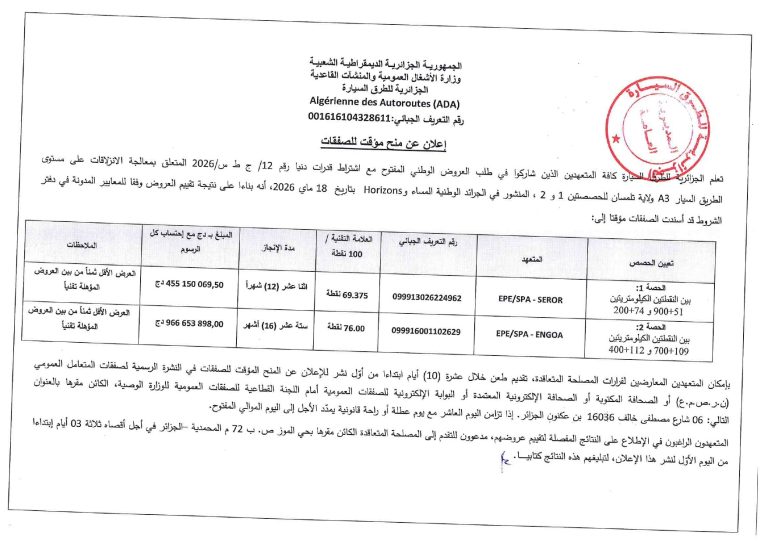 Avis d’attribution provisoire de l’appel d’offres national ouvert avec ...